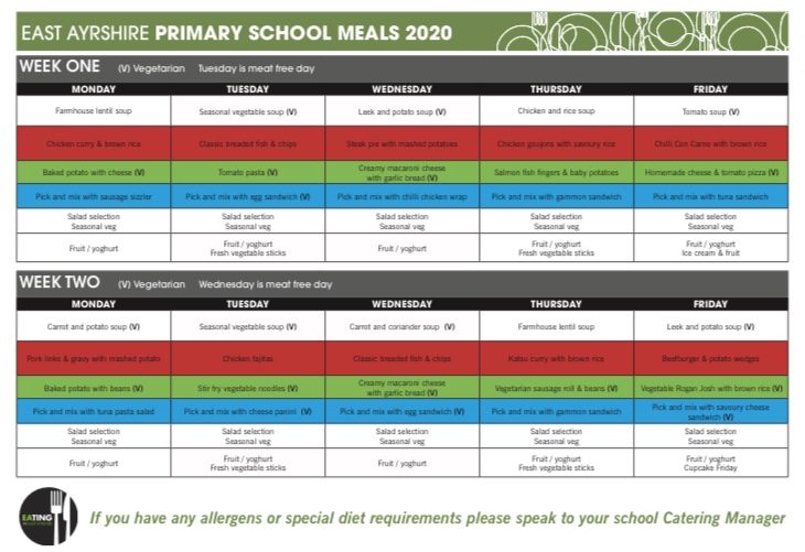 School Dinner Menu – Onthank Primary 2021