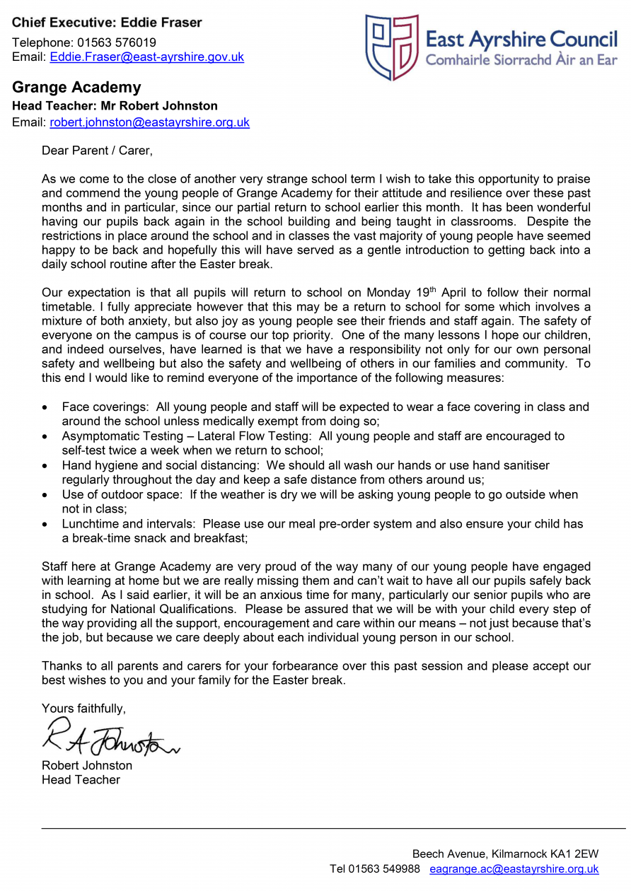 Update Letters from Head Teacher and Head of Education