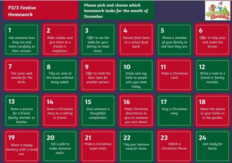 P2/3 December Homework Grid – Lochnorris P2F, P2M and P2/3
