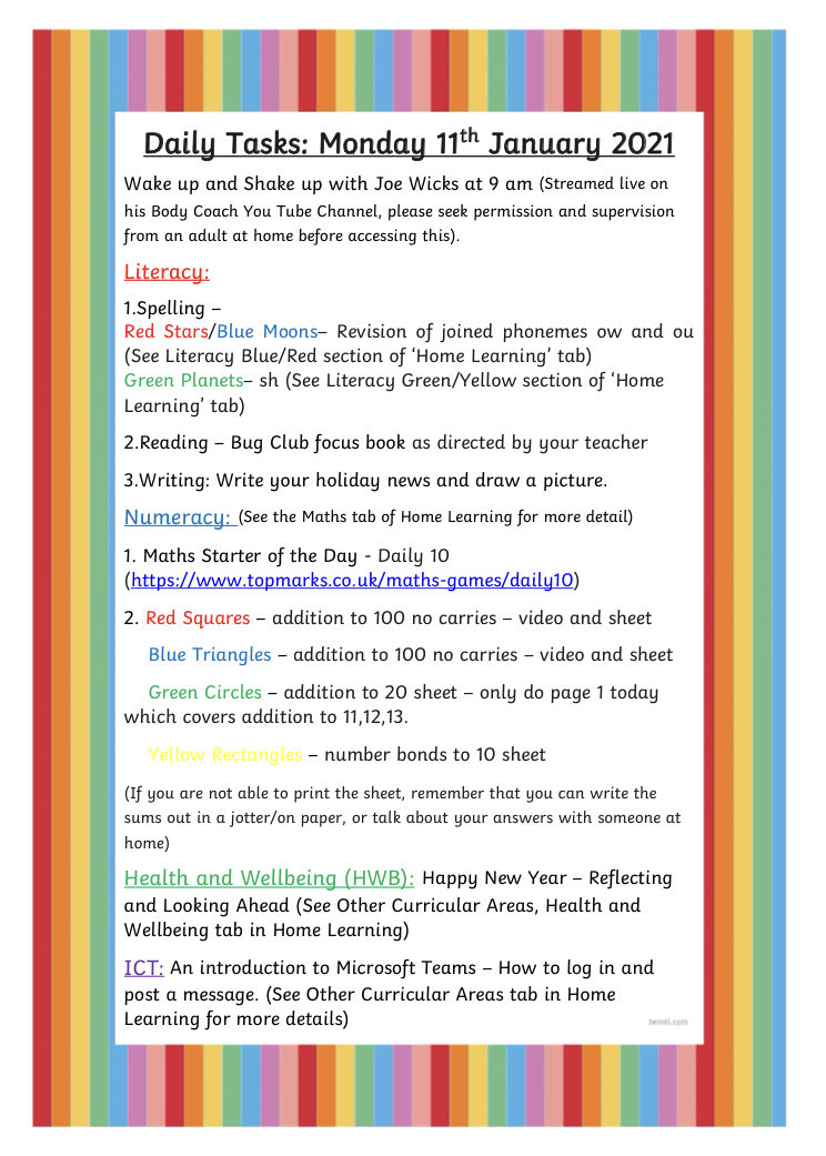 Daily Tasks Overview for Home Learning