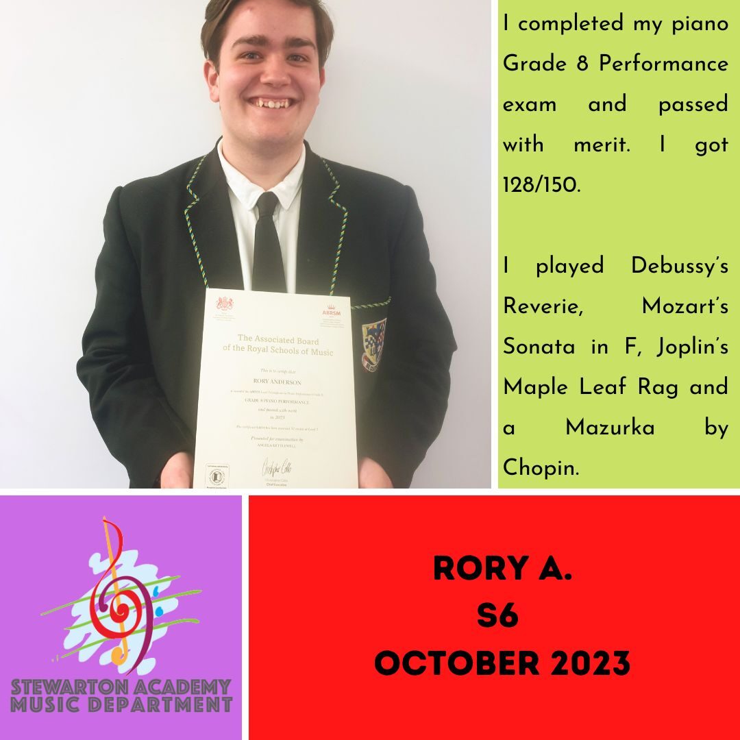 Rory – Grade 8 Piano success! | Stewarton Academy Music Department