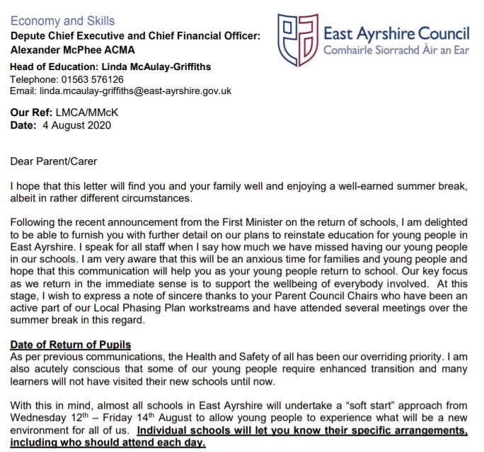 Head of Education – Reopening Letter