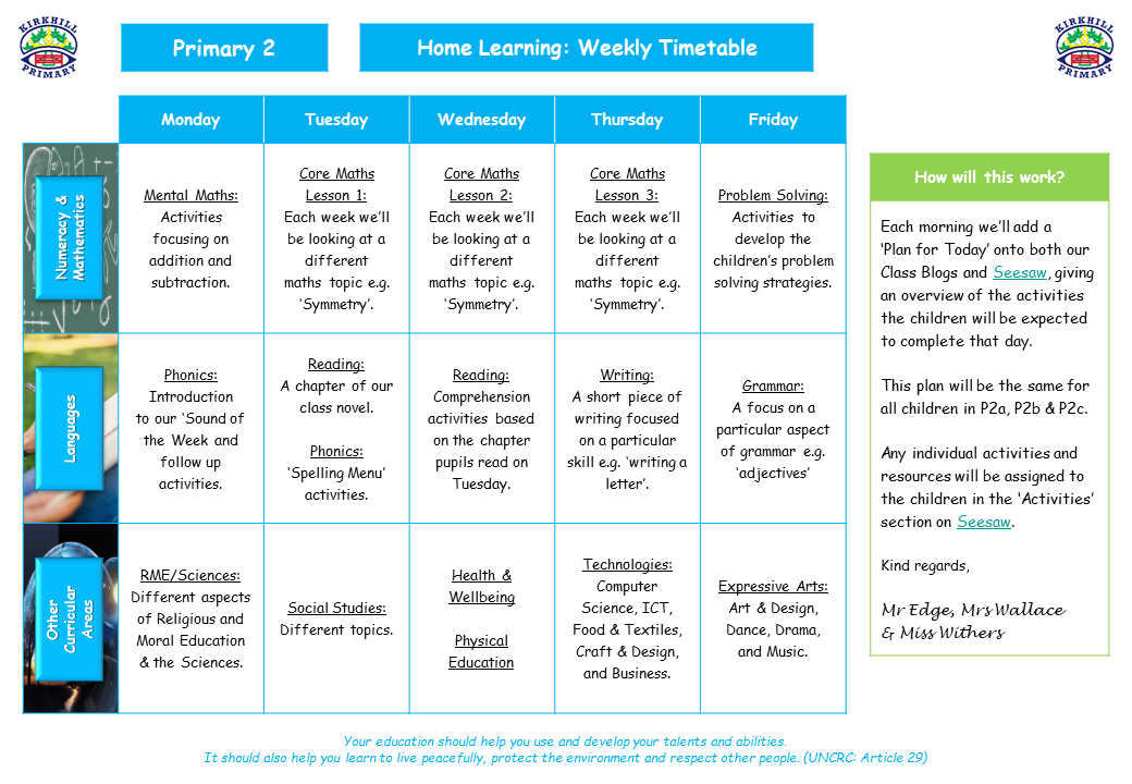 P2 Weekly Timetable Home Learning Kirkhill Primary P2b 