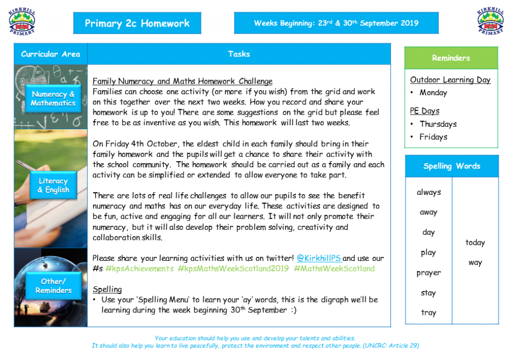 Homework (ws/b 23rd & 30th September) – Kirkhill Primary (P2c)