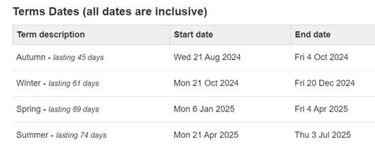Term and Holiday dates