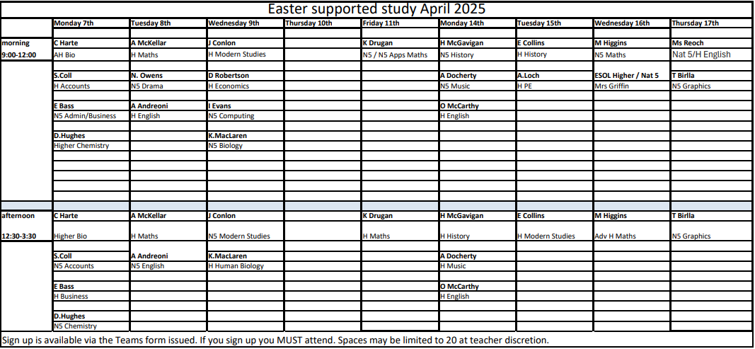 Easter Supported Study Timetable 2025 – Notre Dame High School