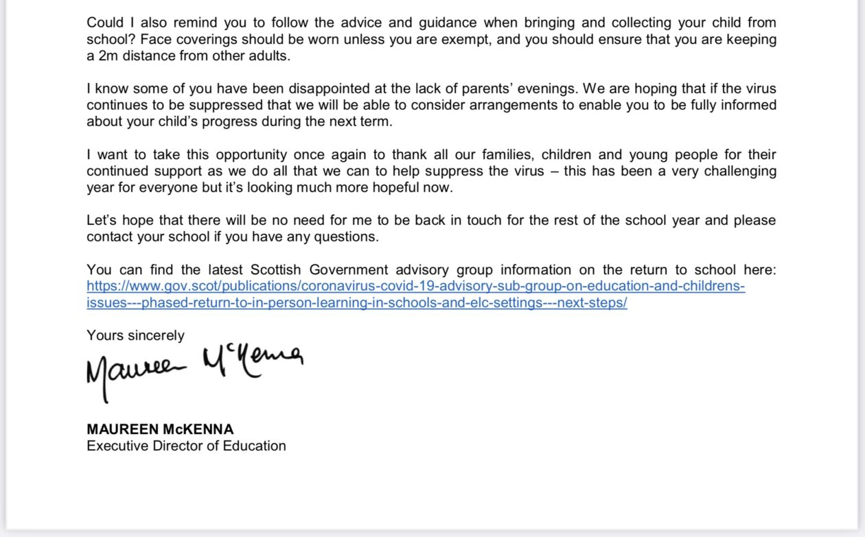 Return to school – letter from Maureen McKenna – Cranhill Primary School