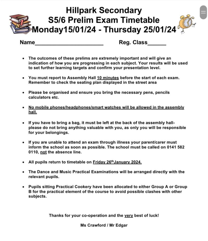Prelim/ Exam Timetables – Hillpark Secondary