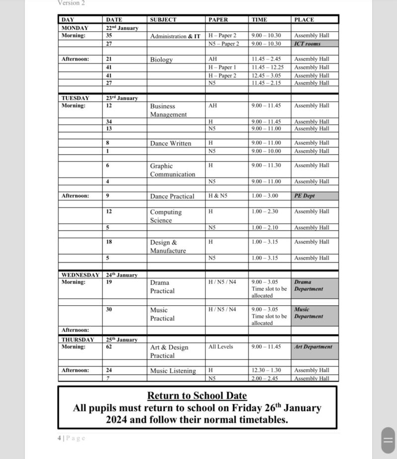 Prelim/ Exam Timetables – Hillpark Secondary