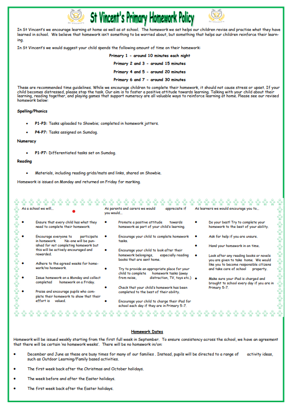 Homework Policy | St. Vincent's Primary School