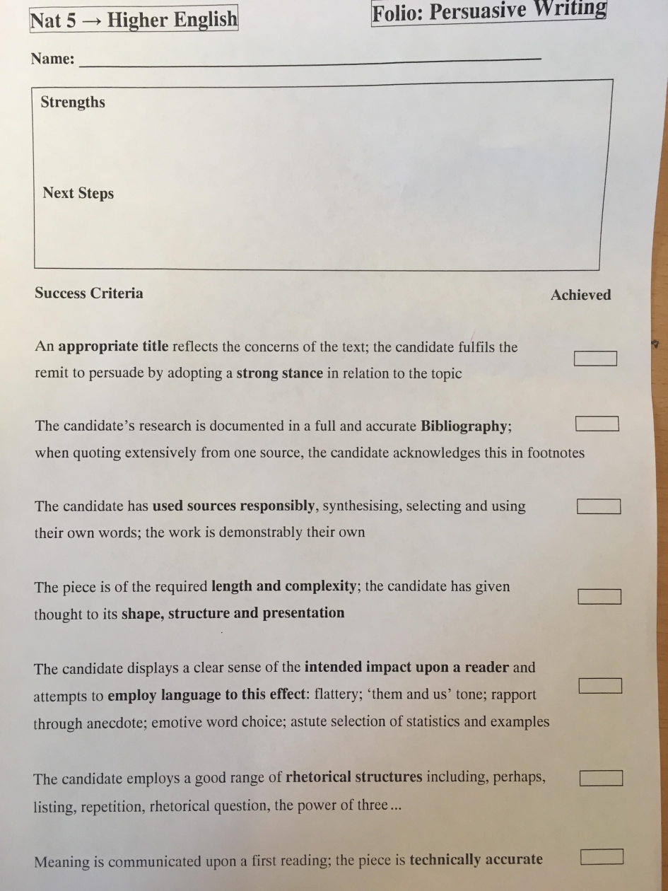 Persuasive Writing: Success Criteria | Hillhead High School English ...