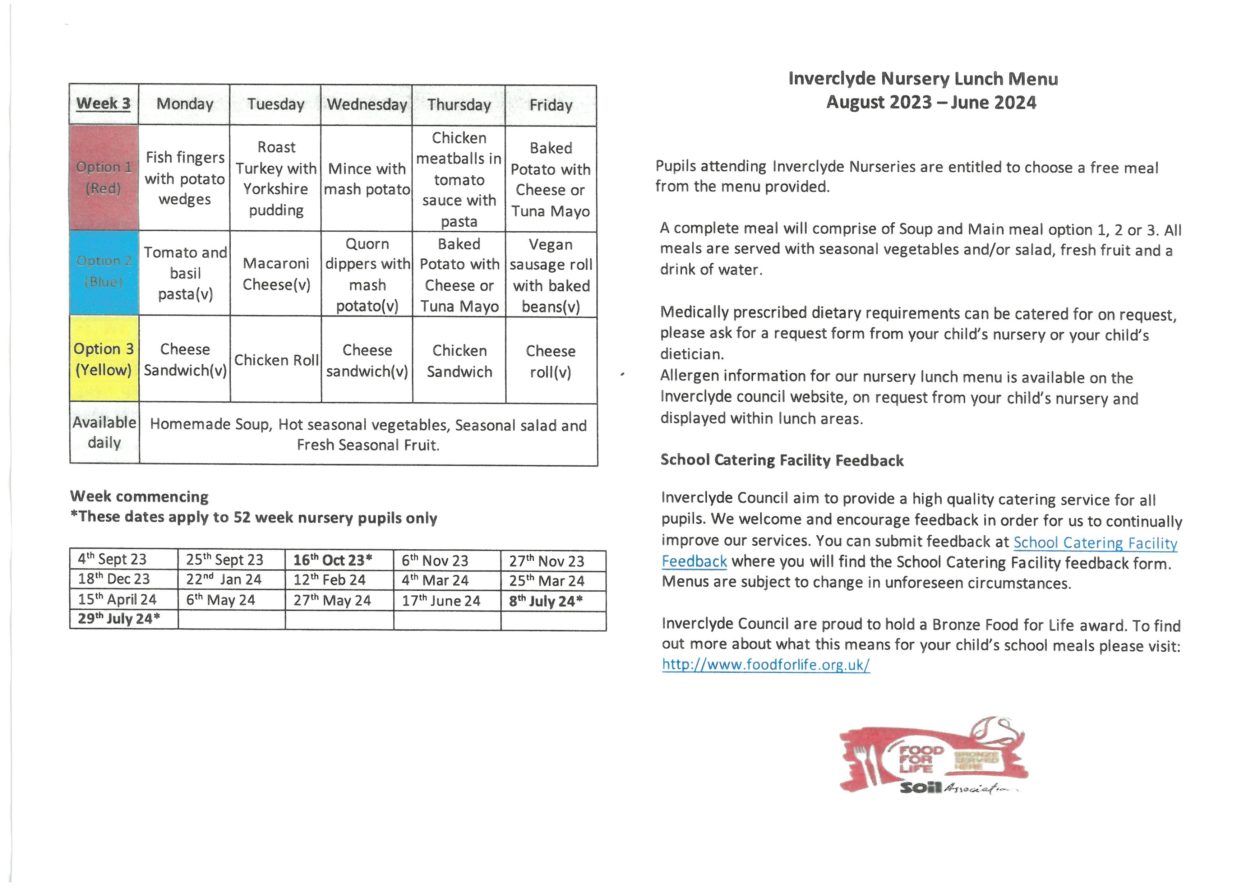 Nursery Menu | Aileymill Primary School and Nursery