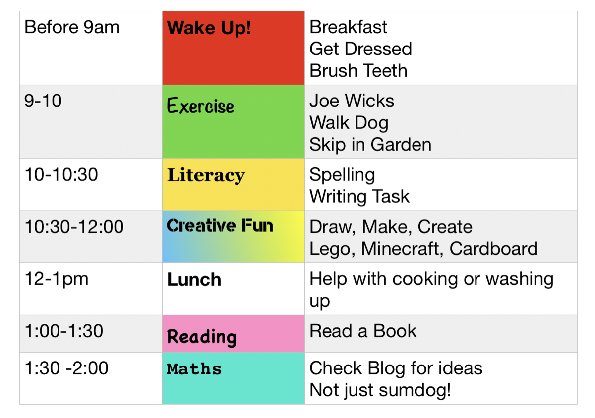 Home Learning Week 1 Make A Timetable Banton Biggies