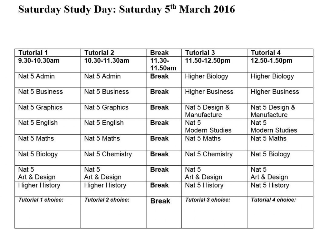 Saturday Study Day Timetable | Our Lady's High School, Cumbernauld