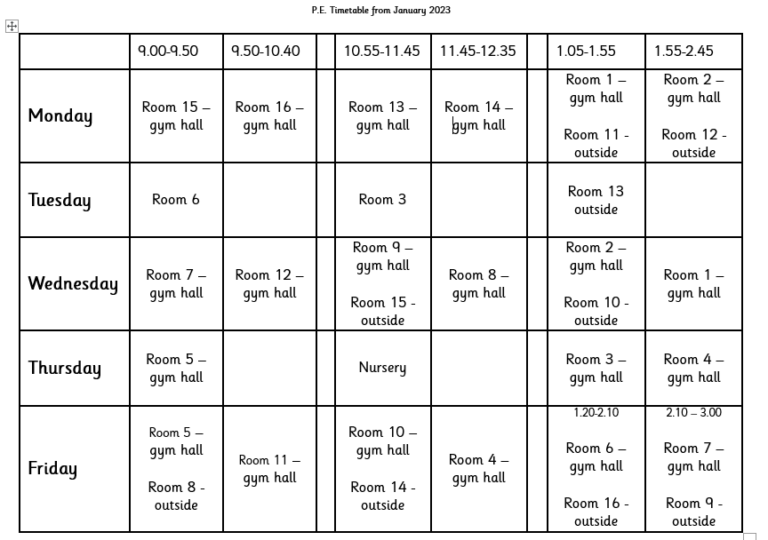 P.E. Timetable