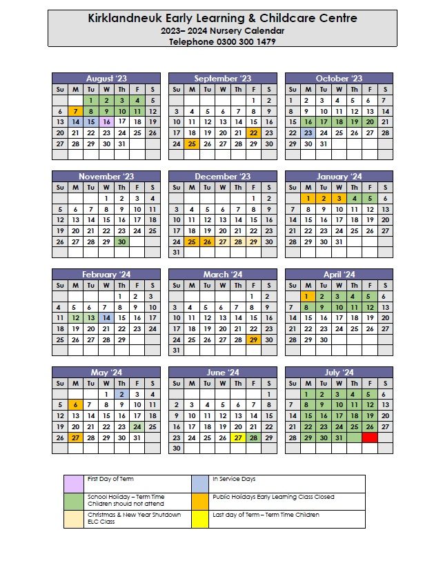 Calendar and holidays – Kirklandneuk Early Learning and Childcare Centre