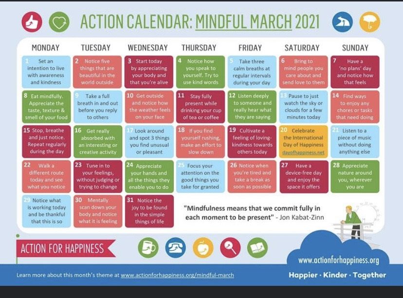 HWB: Action Plan Calendar for Mindful March | Mary Russell School
