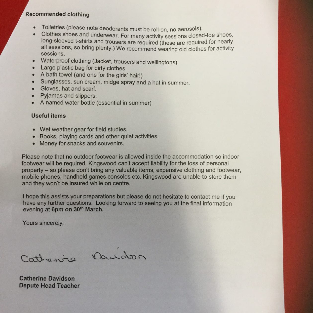 Residential kit list | Bishopton Primary School