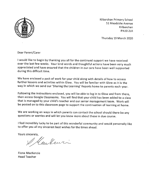 Head Teacher Letter Welcome To Kilbarchan Primary School