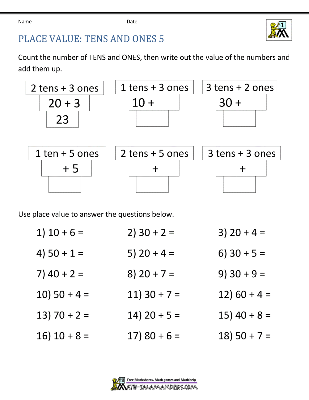 Math worksheets place value tens ones 5 Williamsburgh Primary 2 Blog