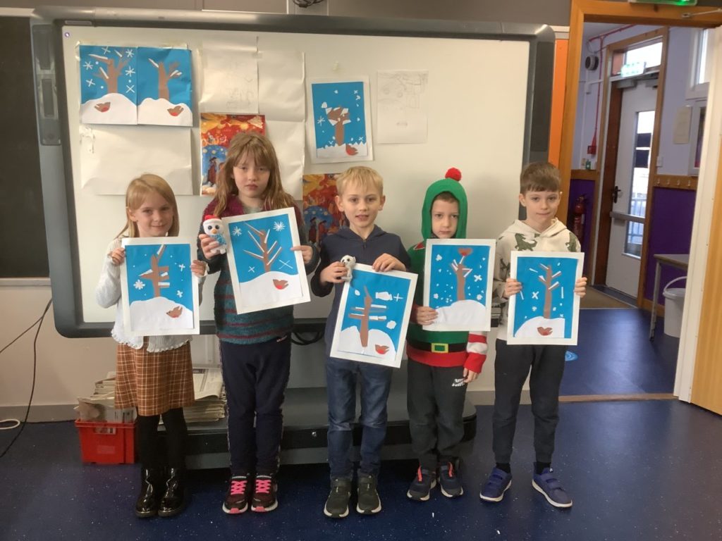 Art Lesson -Winter Trees-Snow kisses and Robins