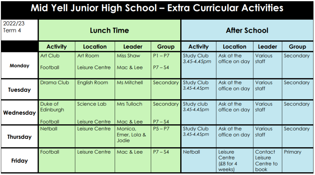 Extra Curricular Activities – Term 4 – Mid Yell Junior High School