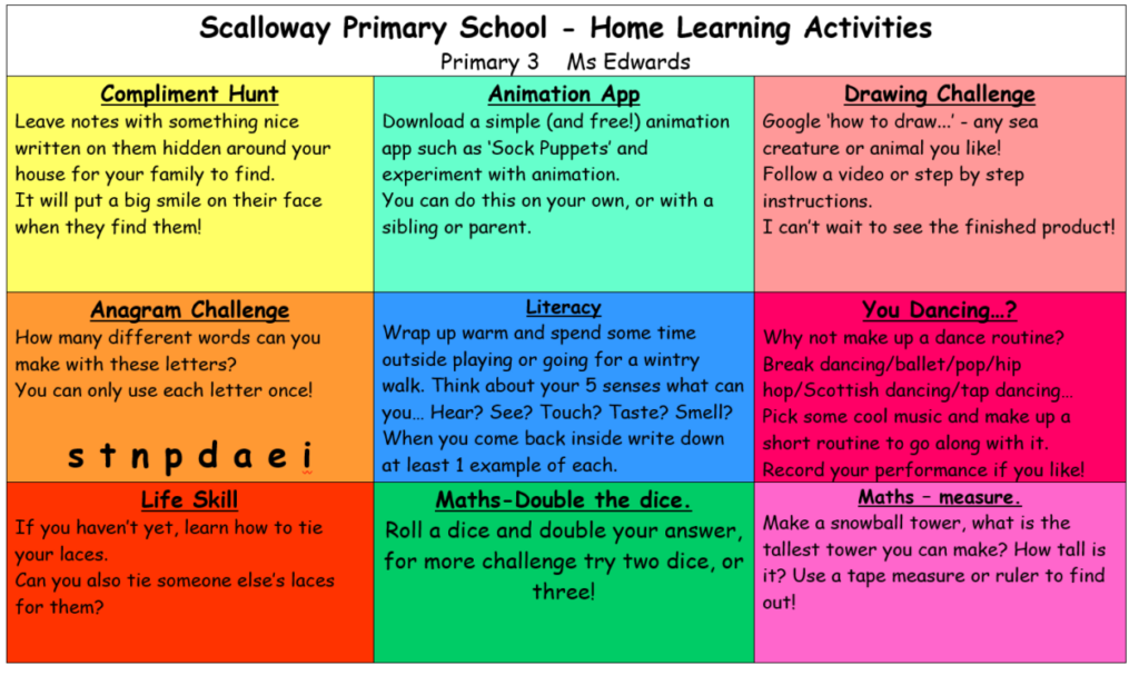 Snowy Days Learning Grid | Scalloway Primary School Primary 3 Class Blog