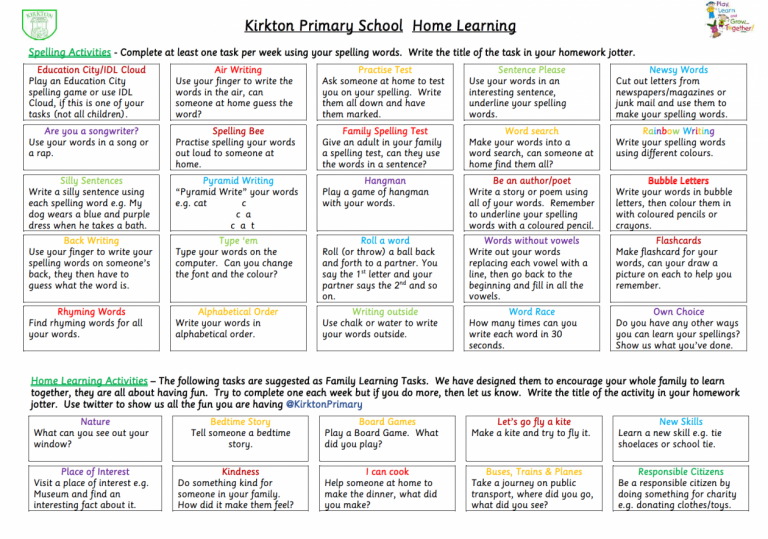 Home Learning Grids | Kirkton Primary School