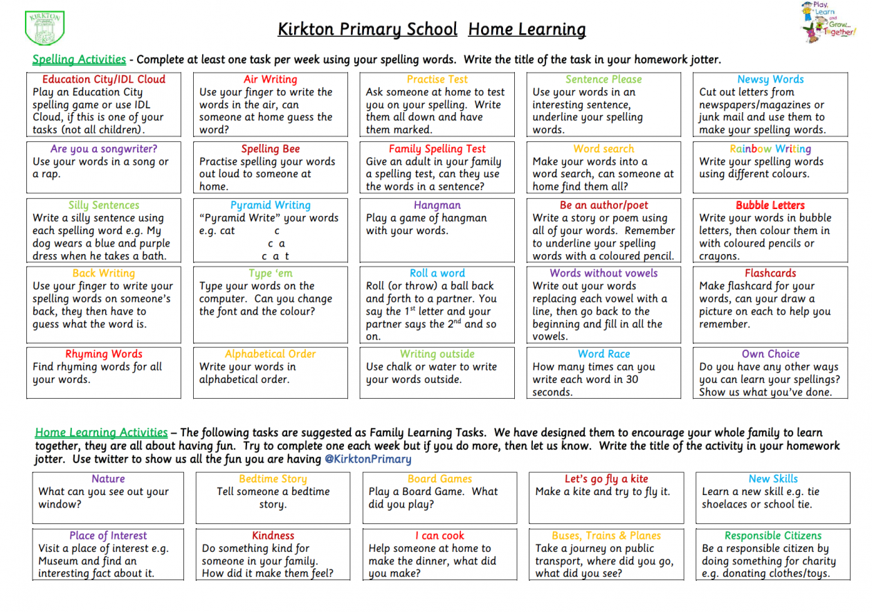 Home Learning Grids | Kirkton Primary School