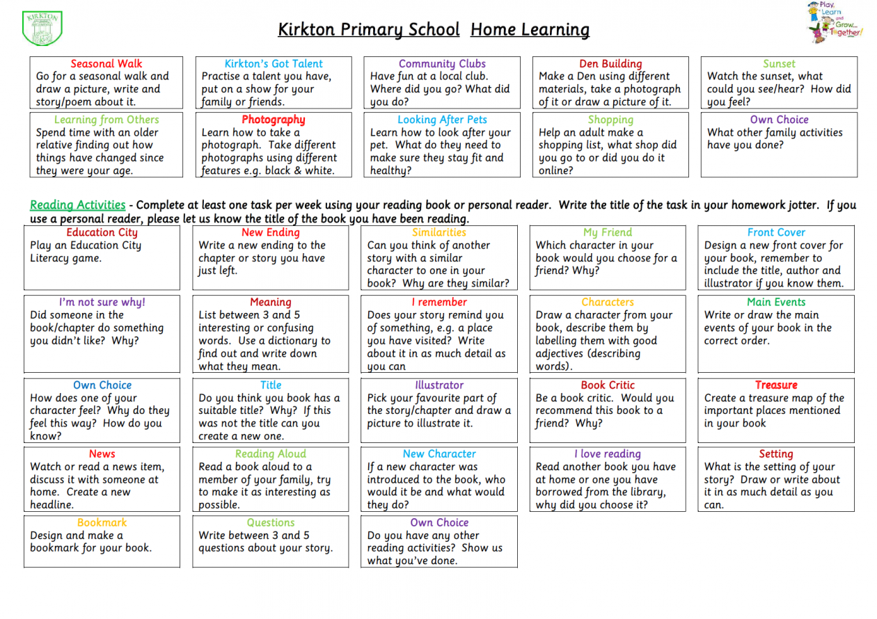 Home Learning Grids | Kirkton Primary School