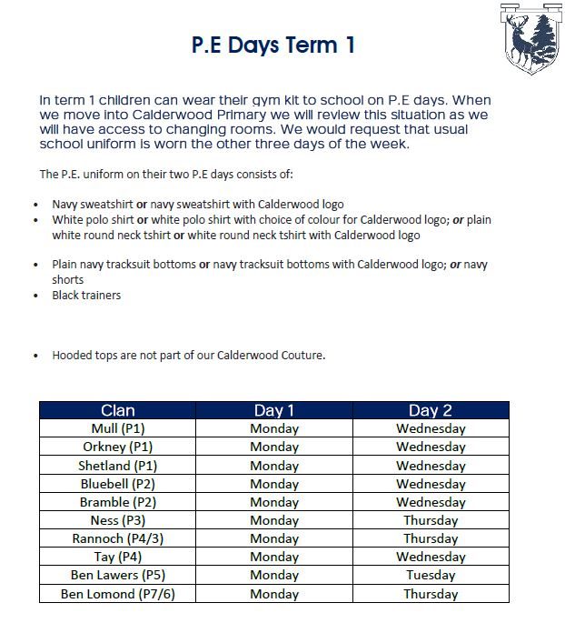P.E Days Term 1 – Calderwood Primary and Nursery