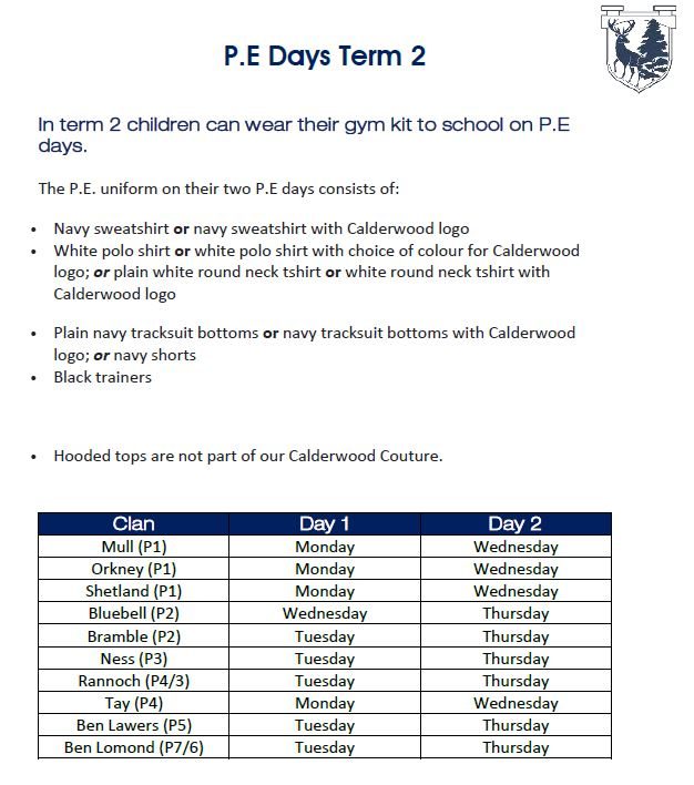P.E Days Term 2 – Calderwood Primary and Nursery