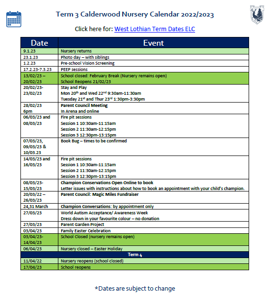 Nursery Family Calendar Jan-Mar – Calderwood Primary and Nursery