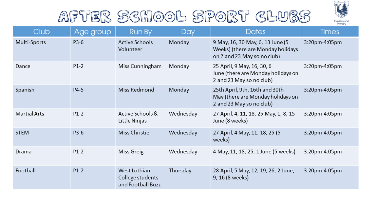 After School Clubs – April – June – Calderwood Primary and Nursery
