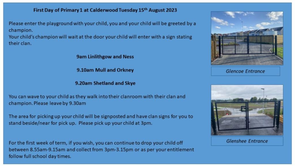 First Day of Primary 1: Tuesday 15th August 2023 – Calderwood Primary ...